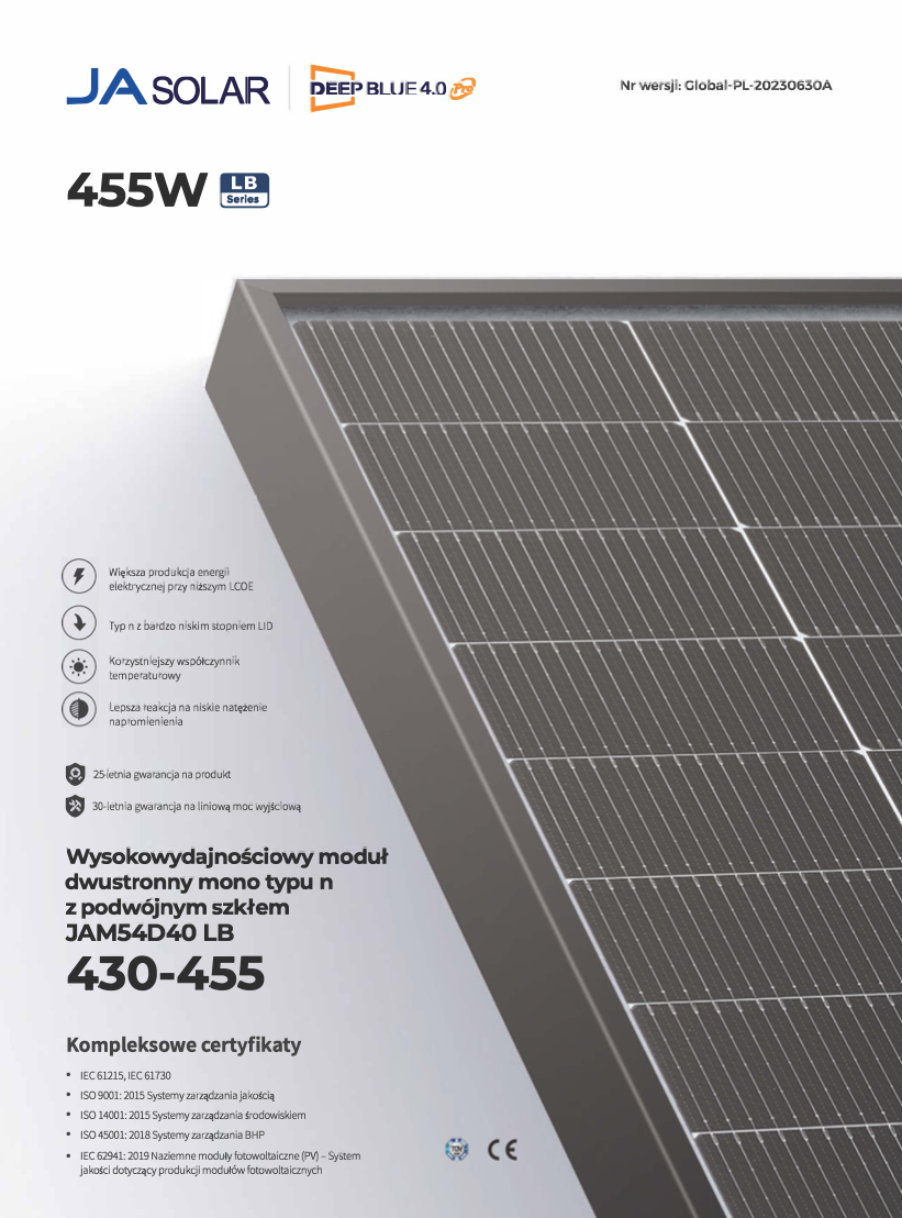 Panel fotowoltaiczny JA Solar 450 JAM54D40-450 LB Bifacial BF - Dobra ...